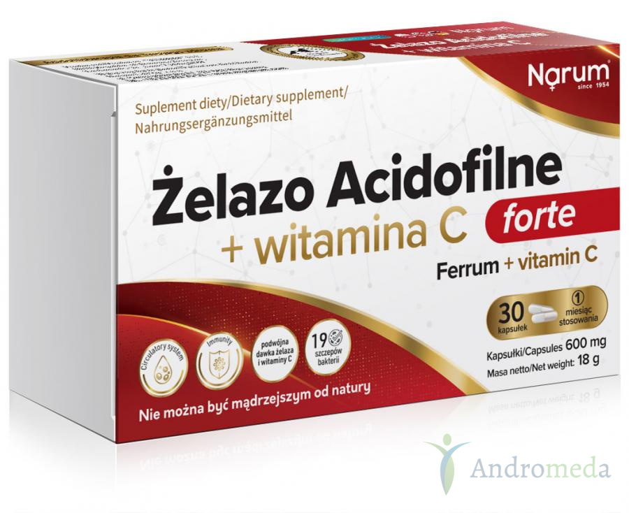 Narum Żelazo Acidofilne + witamina C 600 mg, 30 kapsułek - Bio sklep Andromeda